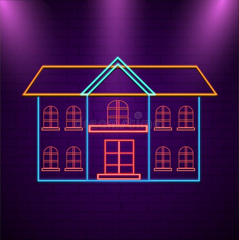 House Symbol on Brick Wall in Neon Light. Stock Illustration ...