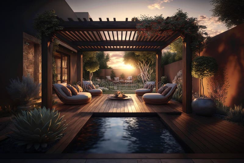 House Terrace Outside Garden with a Pool. Generative Ai Stock ...