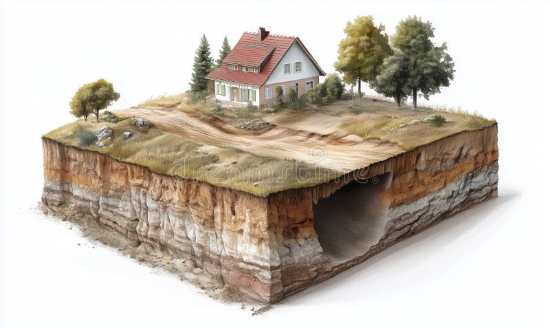 House on Top of Geological Layers Showcasing Underground Cave and Soil ...