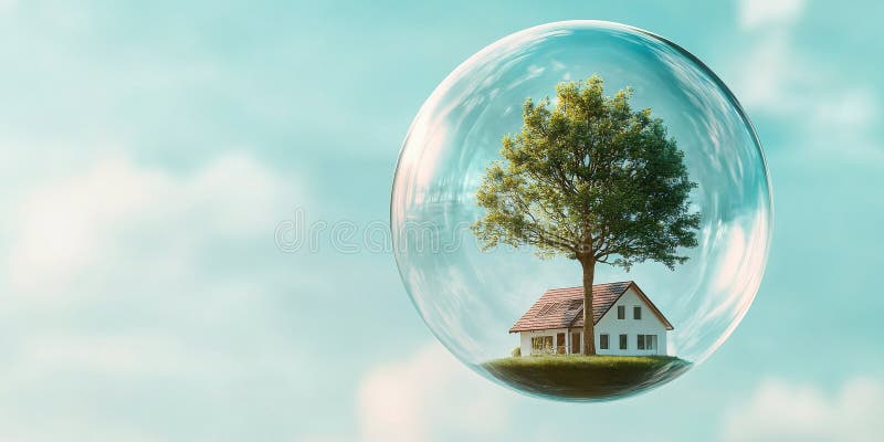 House and Tree Enclosed in Transparent Sphere Against Sky Background ...