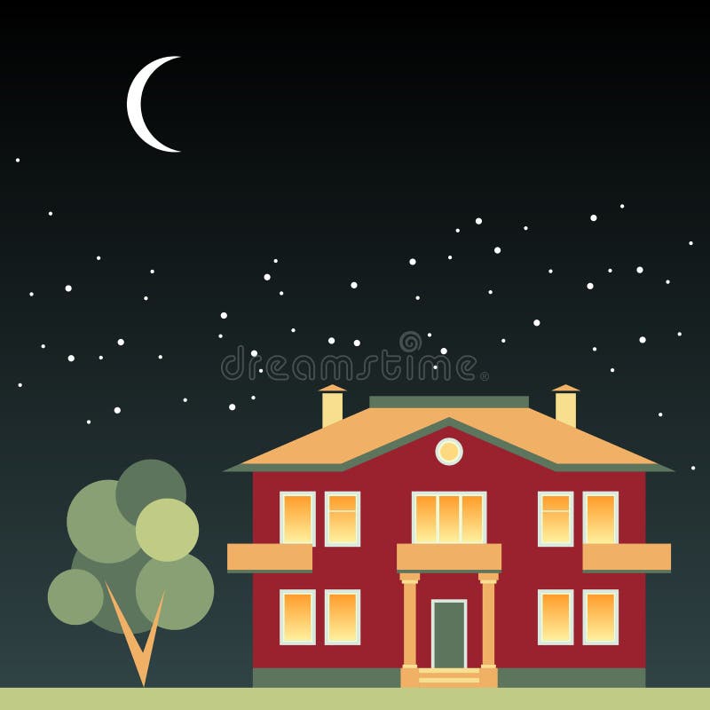 House and Tree at Night on Background of Dark Sky with Stars and Moon ...