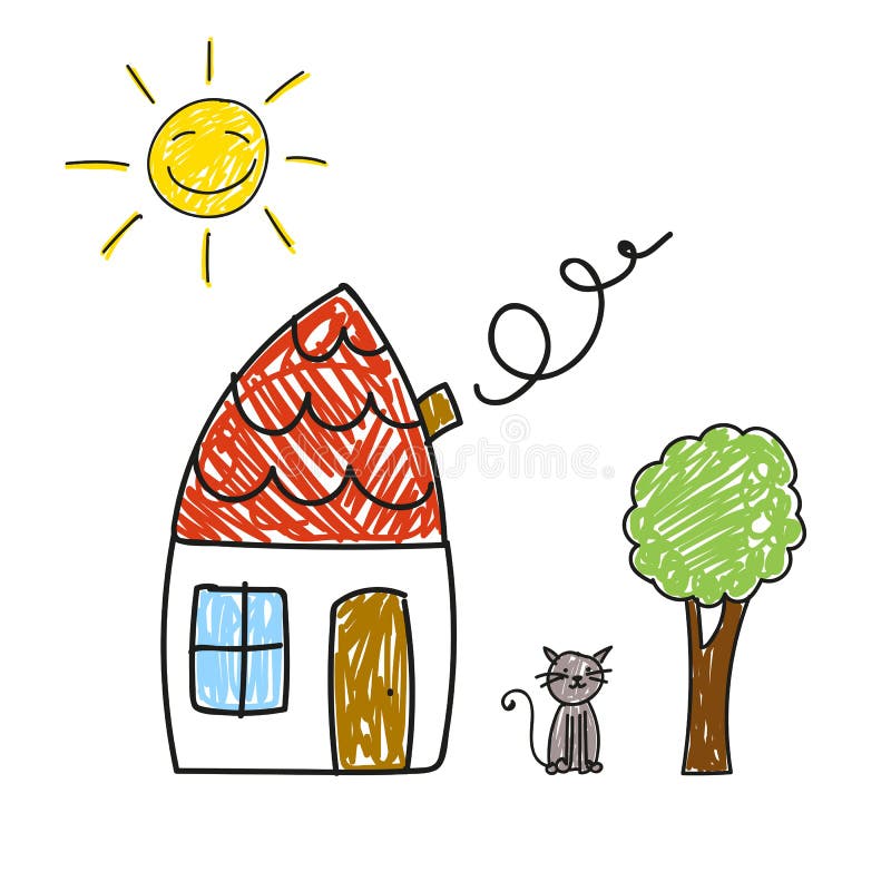 House, Tree, Sun and Cat stock illustration. Illustration of design ...