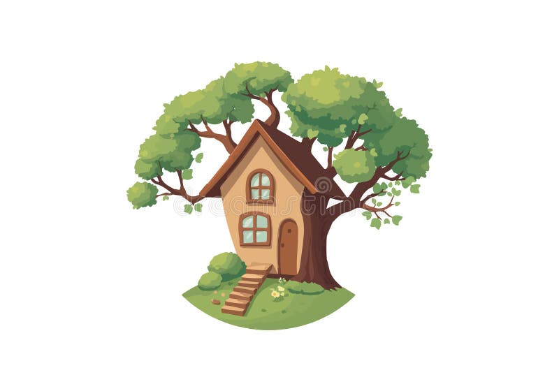 House on the Tree Vector Illustration. Stock Vector - Illustration of ...