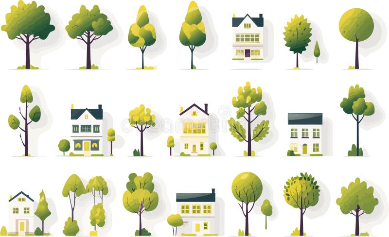 House Trees Set Isolated Vector Style Illustration Stock Vector ...