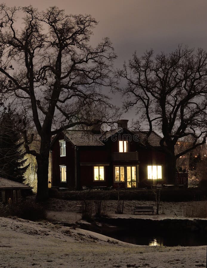 House at Night with the Moon Shining Above Stock Image - Image of moon ...