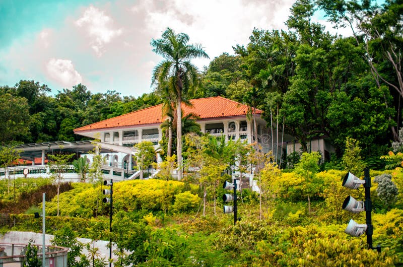 House on Tropical Island in Pacific Ocean between Palms Stock Image ...