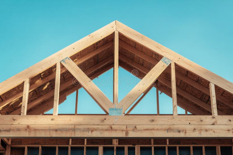 Wooden House Framework with Triangular Roof Truss Under Construction ...