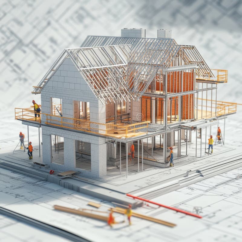 House Under Construction Architectural Blueprints with Workers and Materials in Daylight Setting ...