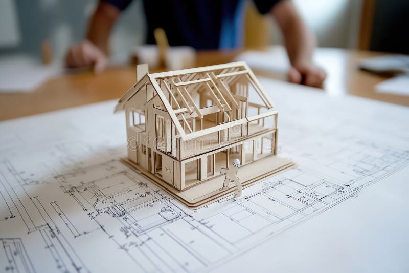 House Under Construction on Blueprints with Builder Stock Image - Image ...
