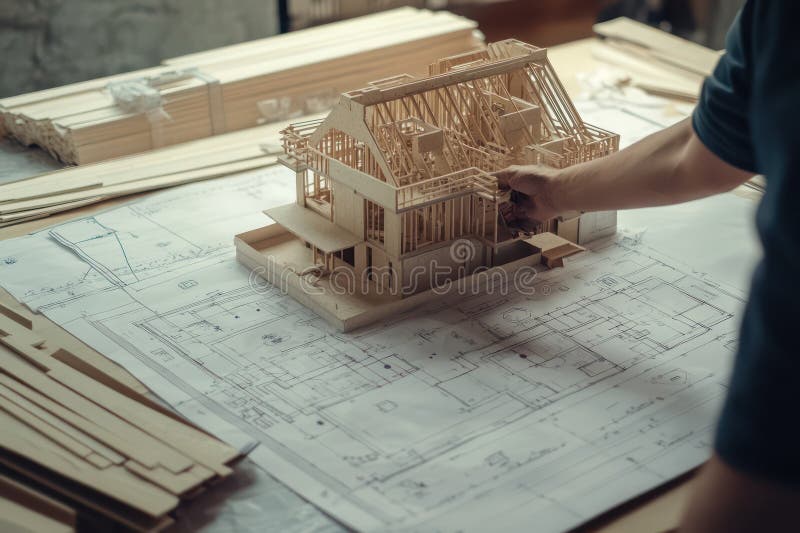 House Under Construction on Blueprints with Builder Stock Photo - Image ...