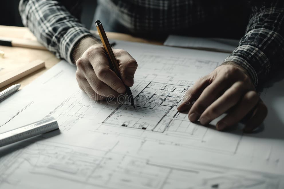 House Under Construction on Blueprints with Builder Stock Photo - Image ...