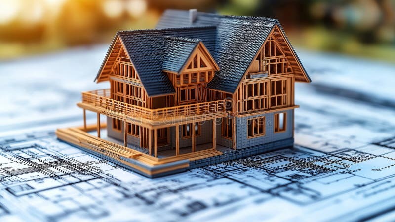 House Under Construction on Blueprints - Building Project Stock ...