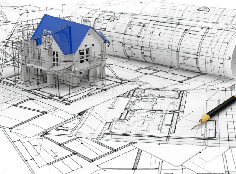 House Under Construction on Blueprints Stock Illustration ...