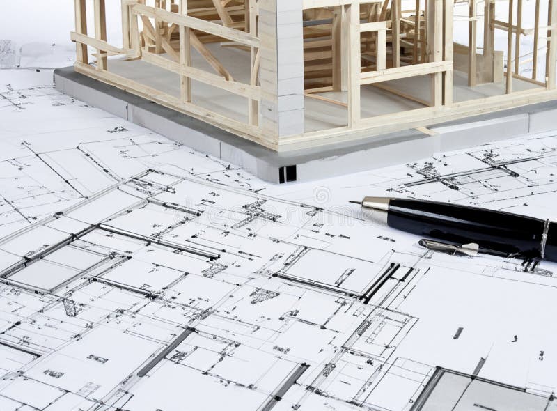 House Under Construction on Blueprints Stock Illustration ...