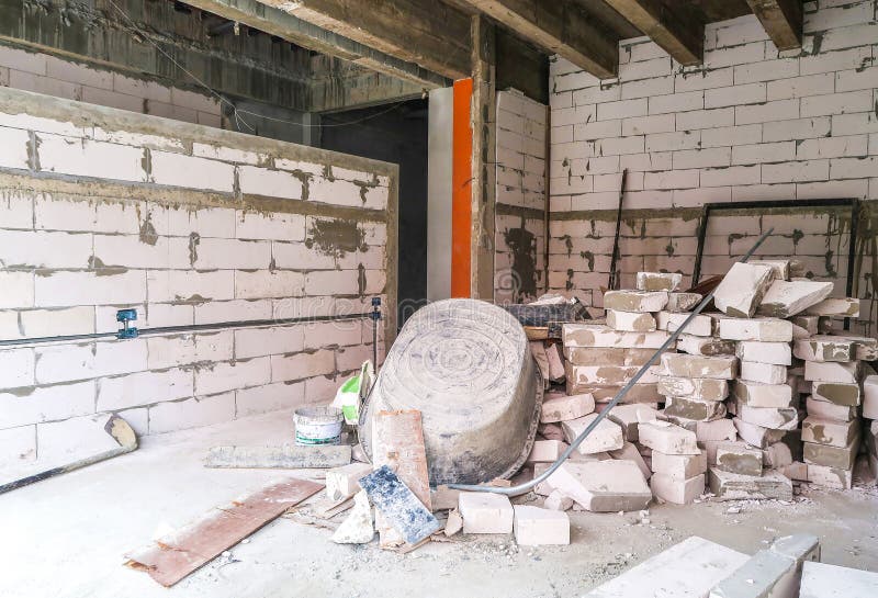 House Under the Construction Site Wall Made from Aerated Bricks or ...