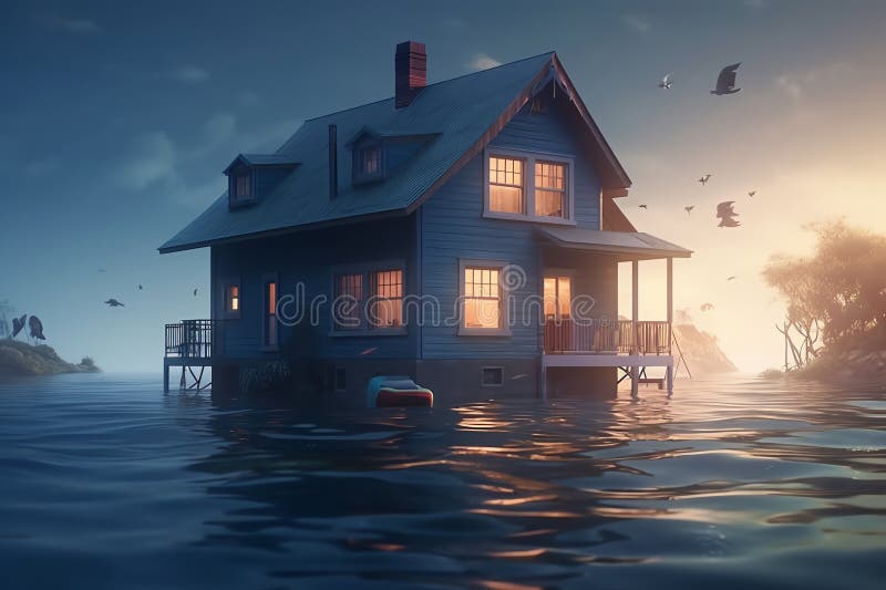 House Under Water 3d Illustration. Generative AI Stock Illustration ...