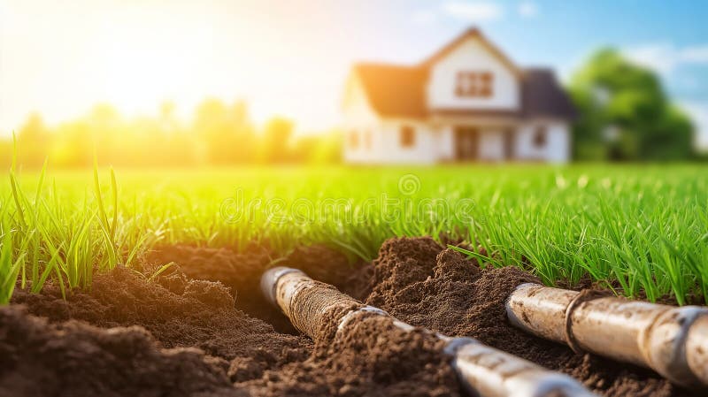 House with Underground Pipe System in Grassy Area Illuminated by ...