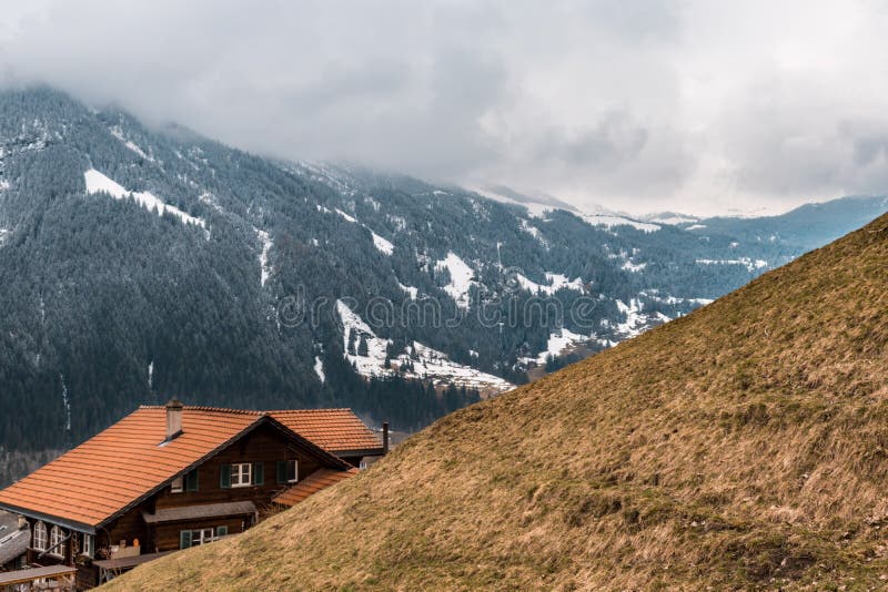 House in Valley between Two Mountains Stock Image - Image of valley ...