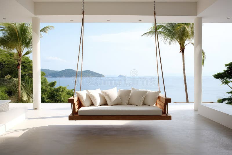 House Veranda Boasts Hanging Swing and Beach View Stock Image - Image ...