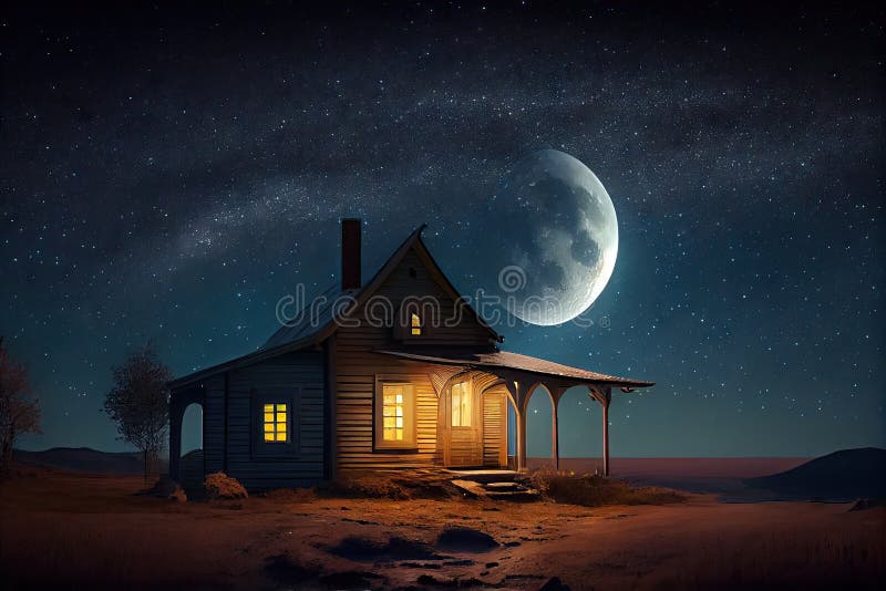 House, with View of the Stars and Moon, at Night Stock Illustration ...
