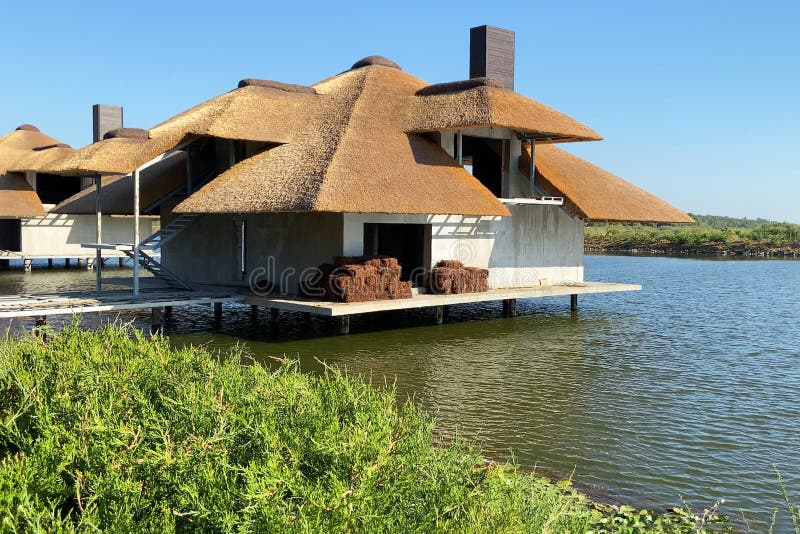 House on the Water in Summer Day, Beach Landscape with River, Sky and ...