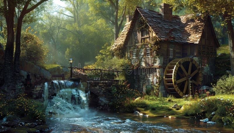 A House with a Water Wheel in Front of a Waterfall by AI Generated ...