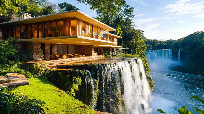 A House with a Waterfall in Front of it Stock Image - Image of forest ...