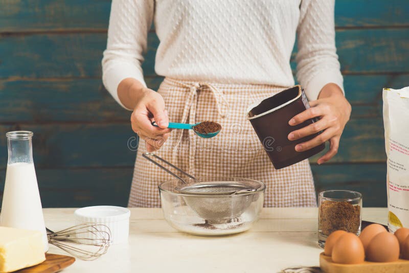 House Wife Wearing Apron Making. Steps of Making Cooking Chocolate Cake ...