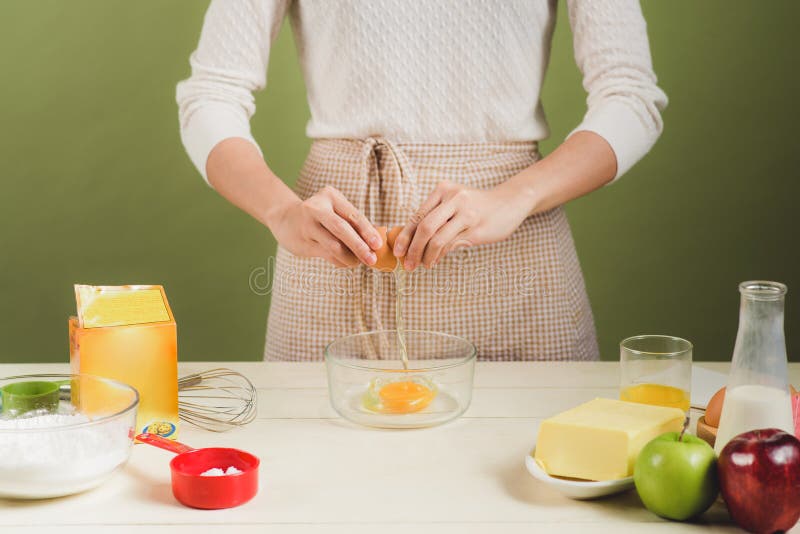 House Wife Wearing Apron Making. Steps of Making Cooking Pancake Stock ...