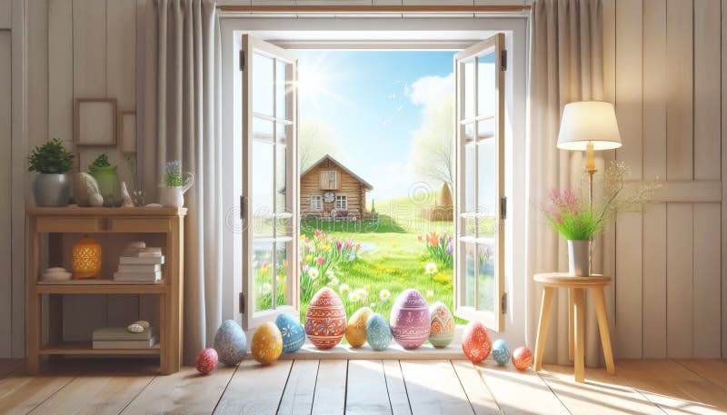 House Window with Easter Decorations for Card Illustration Stock ...