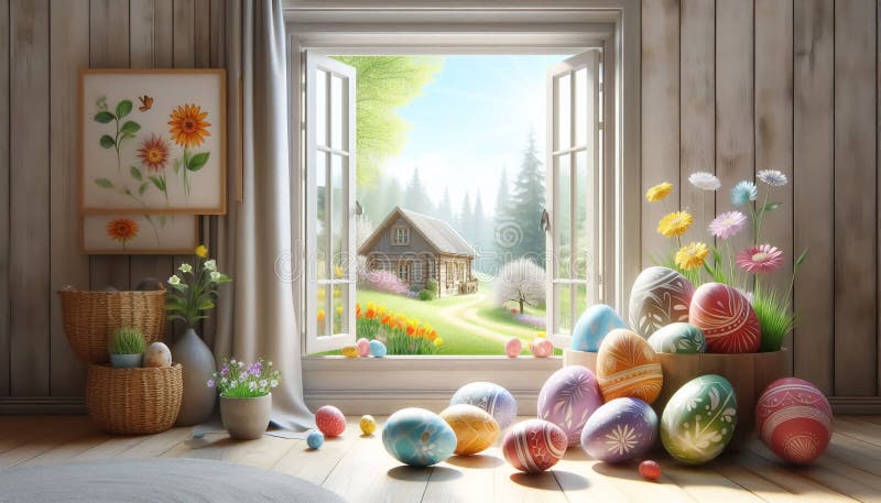 House Window with Easter Decorations for Card Illustration Stock ...