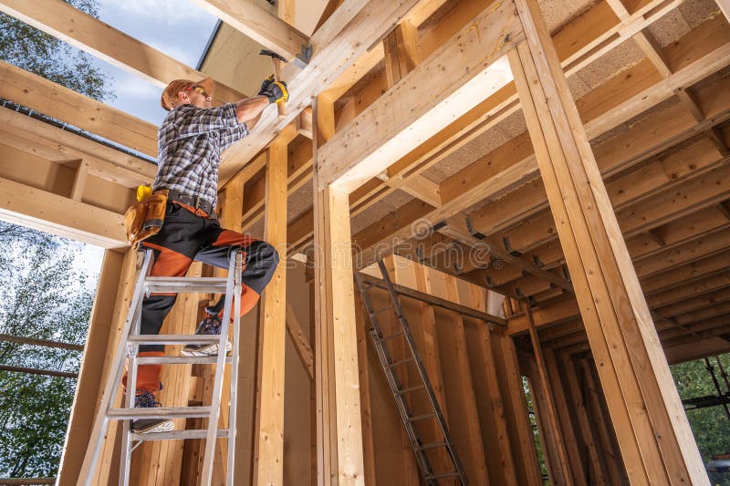 House Wood Frame Building by Contractor Worker Stock Image - Image of ...