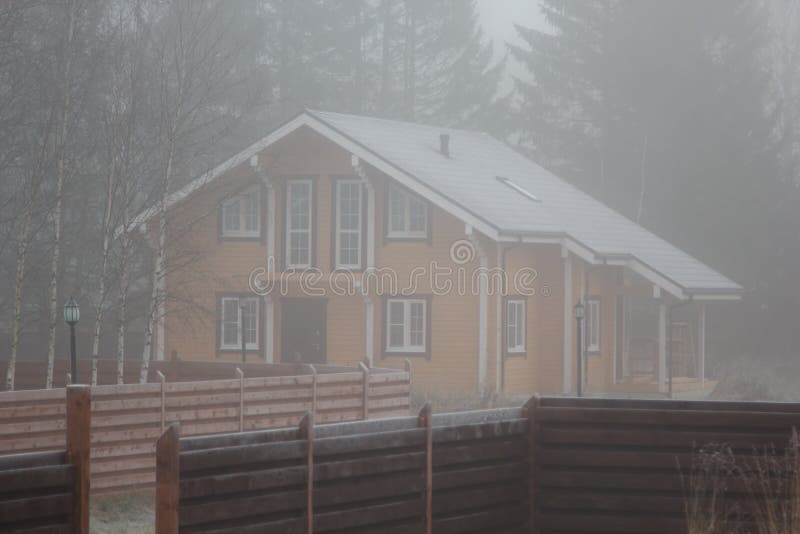 House of Wooden Beam in Mist Stock Photo - Image of season, scene: 65627644