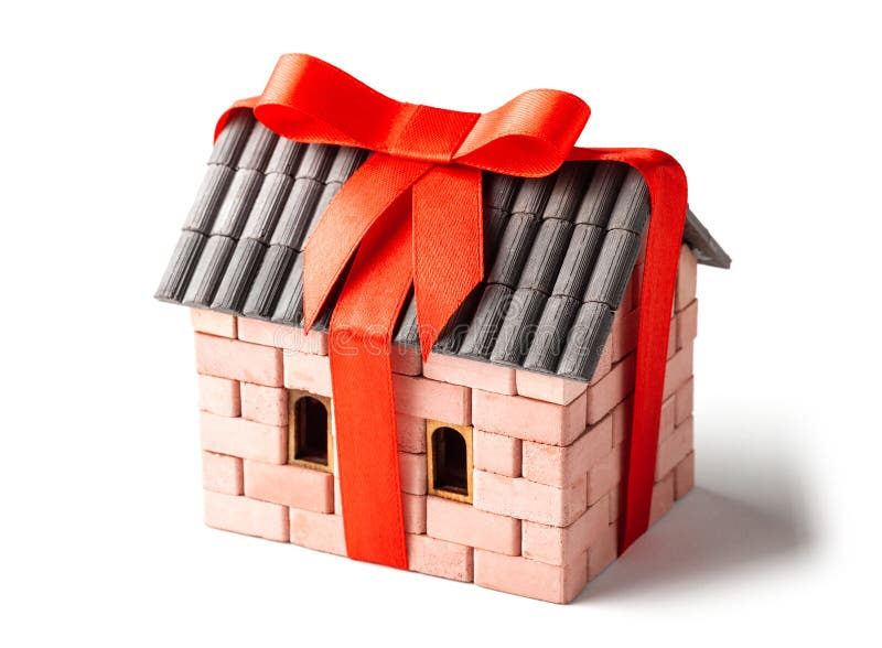 House Wrapped As a Gift in Red Ribbon with Bow Isolated on White ...
