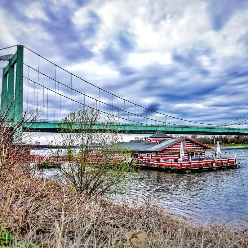 Houseboat Amd Bridge Ober the Rhine River Stock Photo - Image of water ...