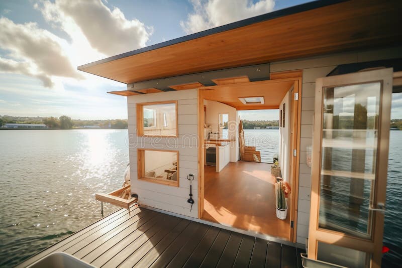 A Houseboat with a Kitchen and Living Area on the Water. AI Generative ...
