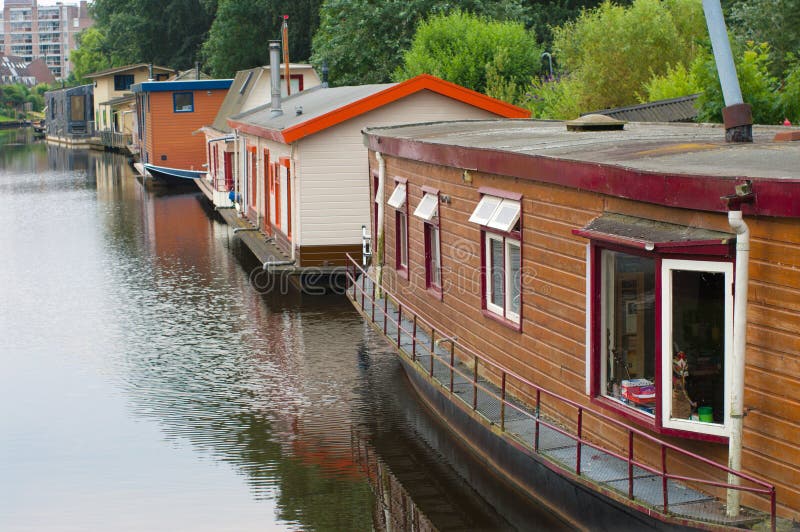 Holland: Floating Dutch Houseboat and Moonshine. Stock Image - Image of ...