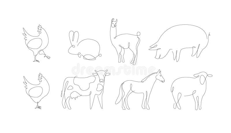 Household Animals One Line Vector. Pets Linear. Pig and Chicken ...