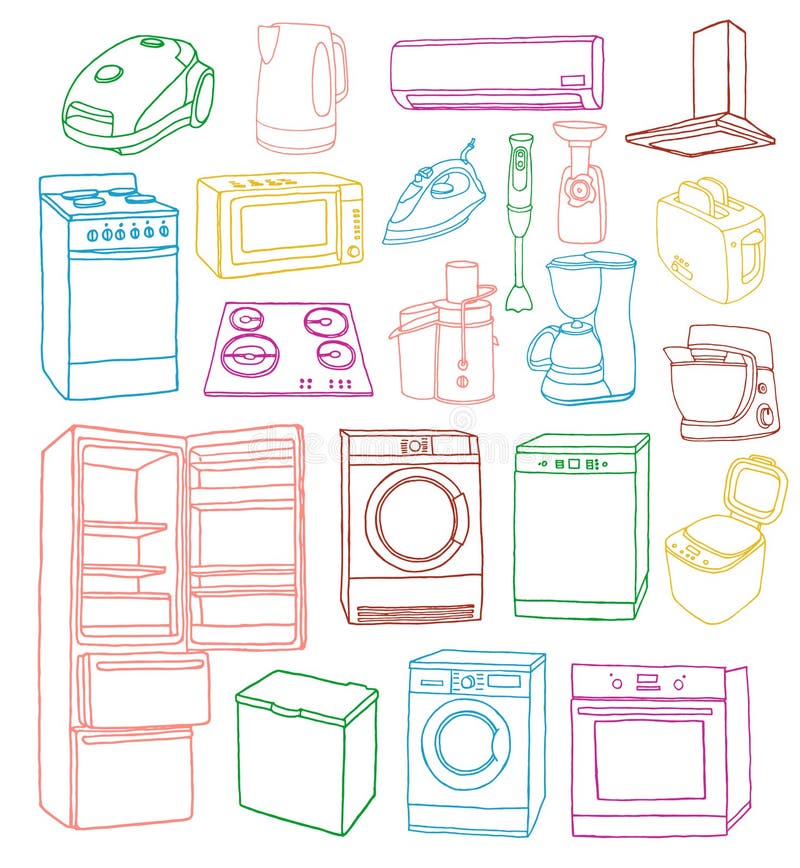 Household Appliances Hand Drawn Set Stock Vector - Illustration of icon ...