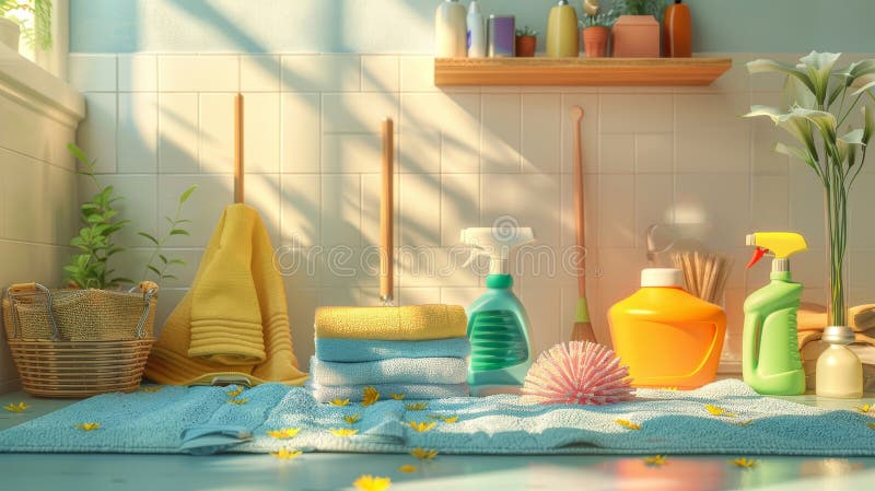 Household Cleaning Essentials Realistic Visual Concept with Sponge ...