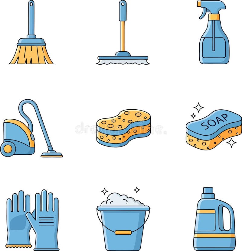 Household Cleaning and Hygiene Tools Vector Icon Collection Stock ...
