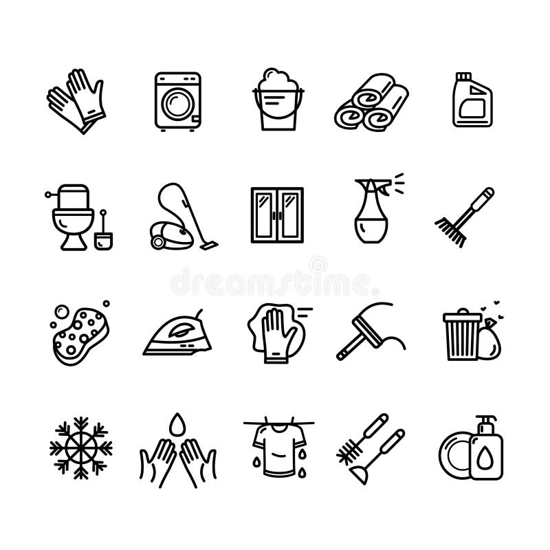 Household and Cleaning Tools Black Thin Line Icon Set. Vector Stock ...