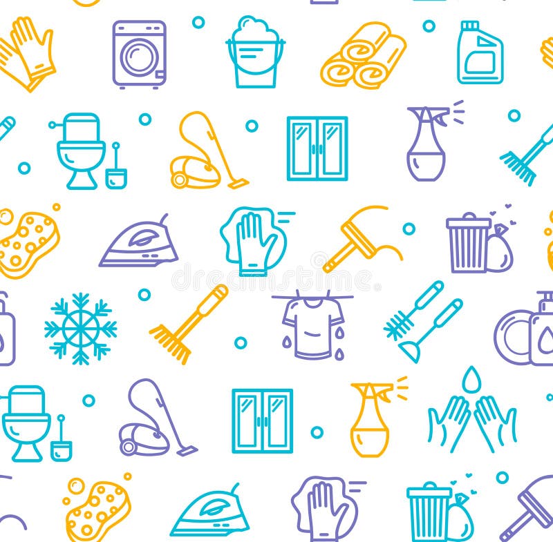 Household and Cleaning Tools Pattern Background on a White. Vector ...