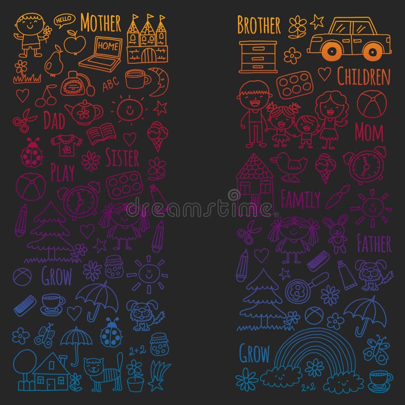 Household, Family. Vector Pattern. Parents with Little Children Stock ...