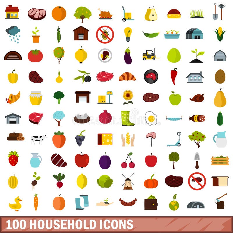 100 Household Icons Set, Flat Style Stock Vector - Illustration of ...