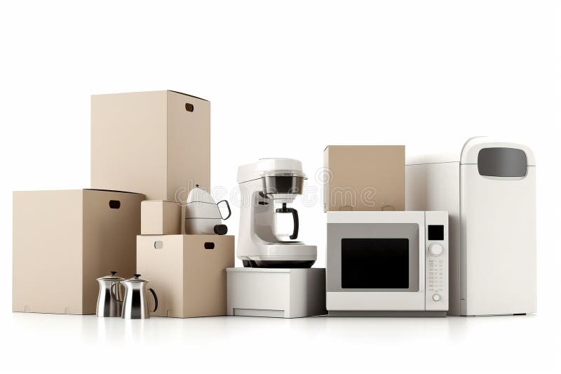 Household Kitchen Appliances and Home Electronics in Carboard Boxes ...