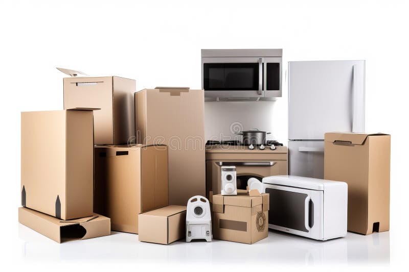 Household Kitchen Appliances and Home Electronics in Carboard Boxes ...