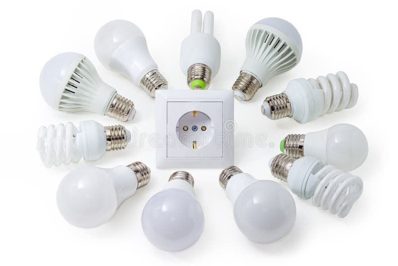 Household LED Lamps and Compact Fluorescent Lamps Around Socket Outlet ...