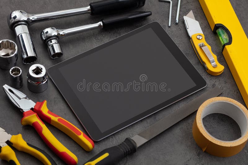 Household Tools and Tablet with Empty Screen Stock Photo - Image of ...