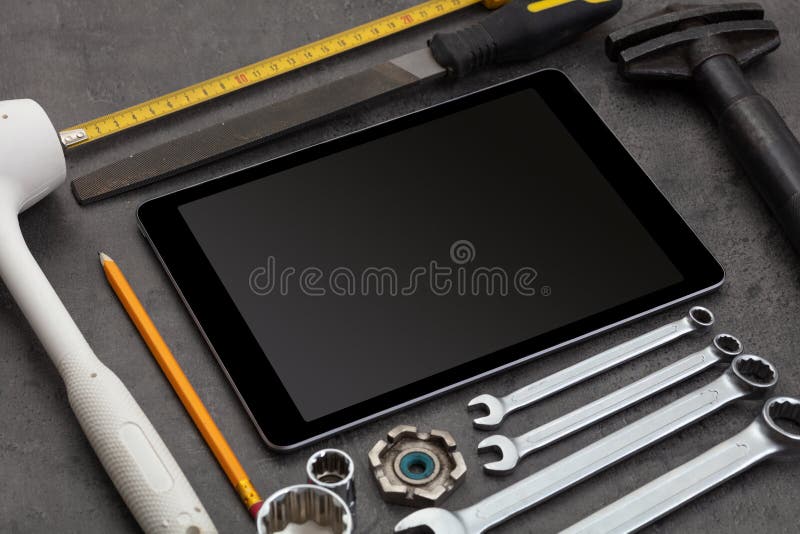 Household Tools and Tablet with Empty Screen Stock Image - Image of ...